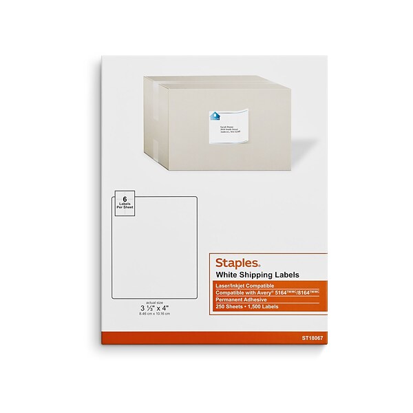 Staples® Laser/Inkjet Shipping Labels, 3 1/3" x 4", White, 6 Labels ...