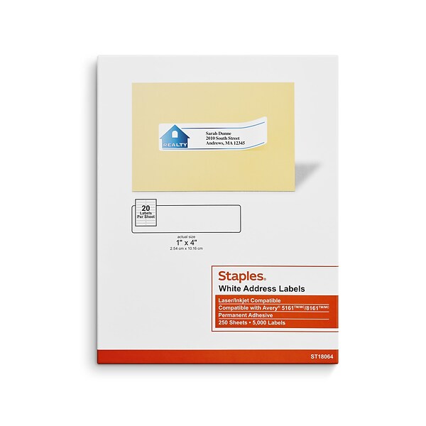 Staples® Laser/Inkjet Address Labels, 1" x 4", Bright White, 20 Labels ...