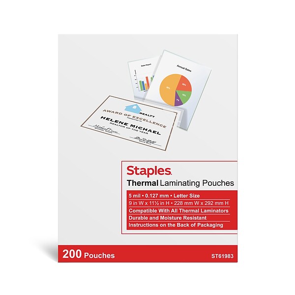 Staples Thermal Laminating Pouches, Letter Size, 5 Mil, 200/Pack ...