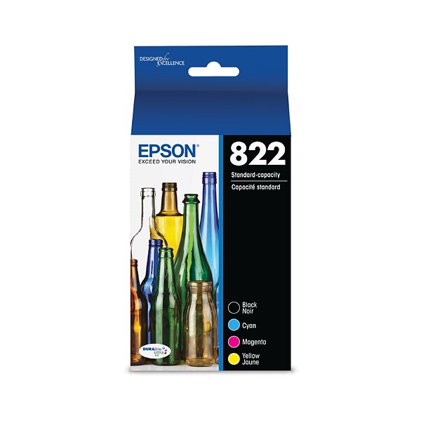 Epson T822 Black/Cyan/Magenta/Yellow Standard Yield Ink Cartridge, 4 ...