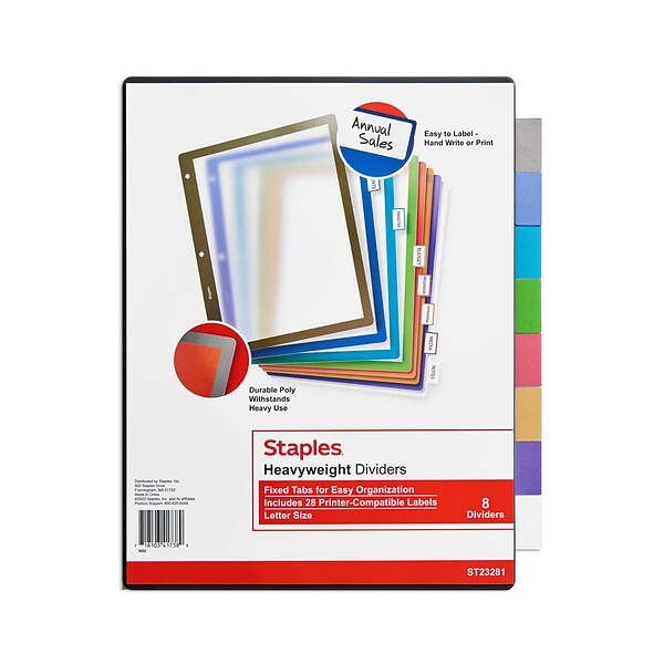 Staples Better Print & Apply Label Plastic Divider, 8 Tabs, Assorted ...