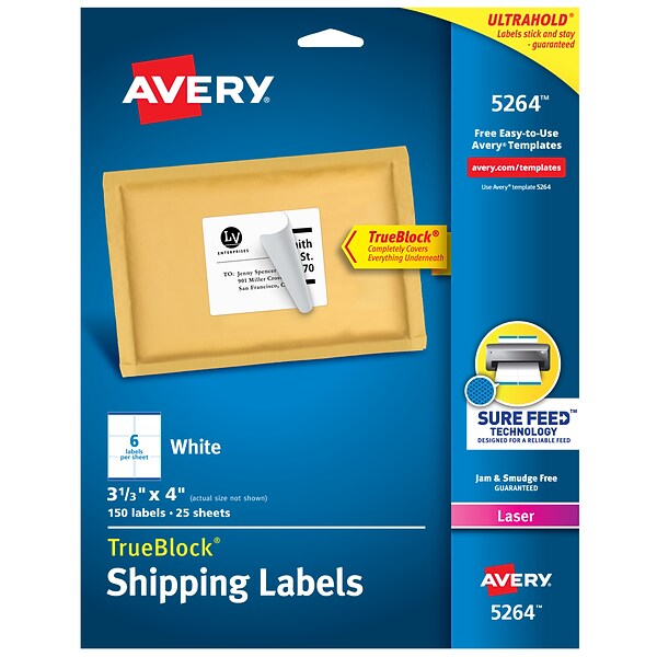 Avery TrueBlock Laser Shipping Labels, 3-1/3" x 4", White, 6 Labels ...