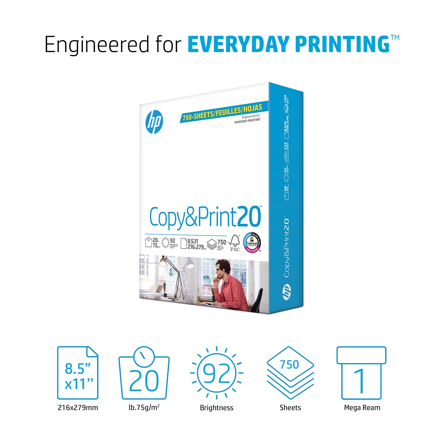 HP Copy&Print20 8.5" x 11" Multipurpose Paper, 20 lbs., 92 Brightness ...