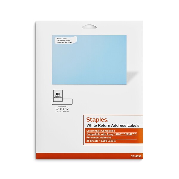 Staples® Laser/Inkjet Address Labels, 1/2" x 1 3/4", White, 80 Labels ...