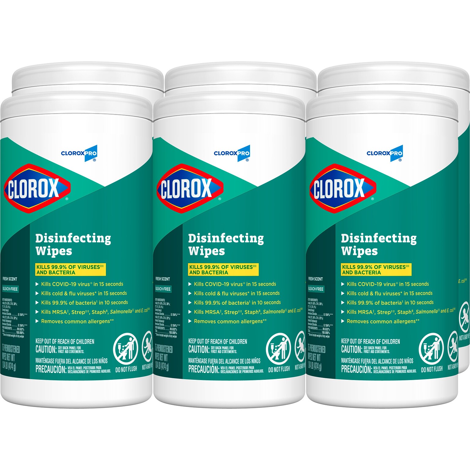 CloroxPro Disinfecting Wipes, Fresh Scent, 75 Wipes/Container, 6/Carton ...