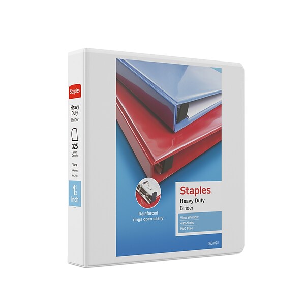 Staples Heavy Duty 1 1/2" 3-Ring View Binder, D-Ring, White (ST56263-CC ...