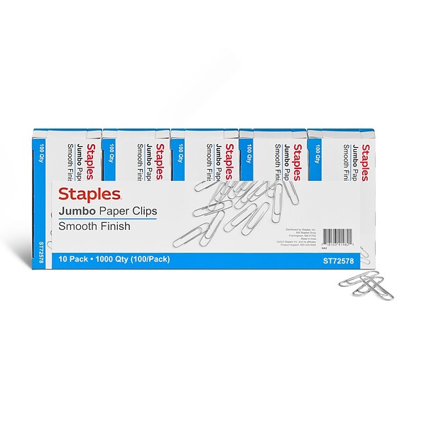 Staples Smooth Paper Clips, Jumbo, Silver, 100/Box, 10 Boxes/Pack ...