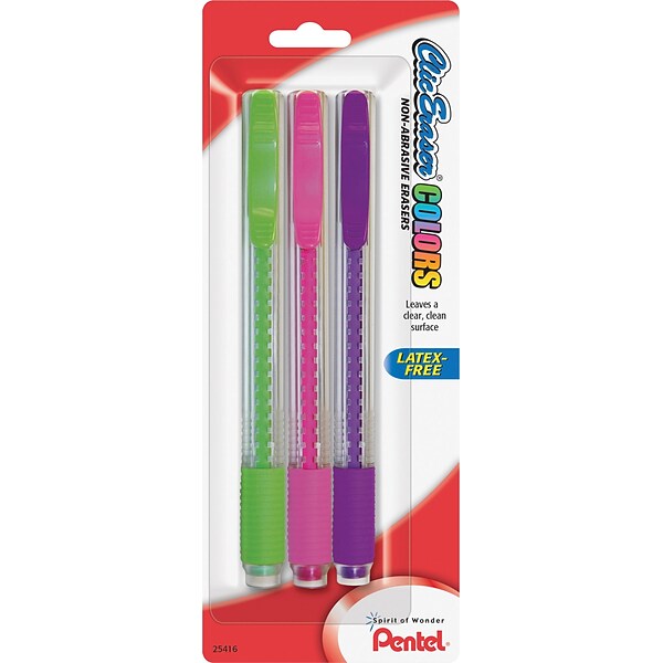 Pentel Clic Stick Erasers, Assorted Colors, 3/Pack (ZE23BP3M) | Quill.com