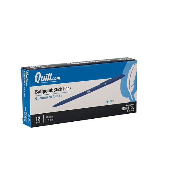 Quill Brand® Stick Pen, Ballpoint Pen, Medium Point, Blue, Dozen (50731 ...