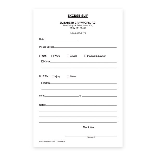 Custom Illness / Injury Excuse Slips, 5-1/2" x 8-1/2", 100 Sheets per ...