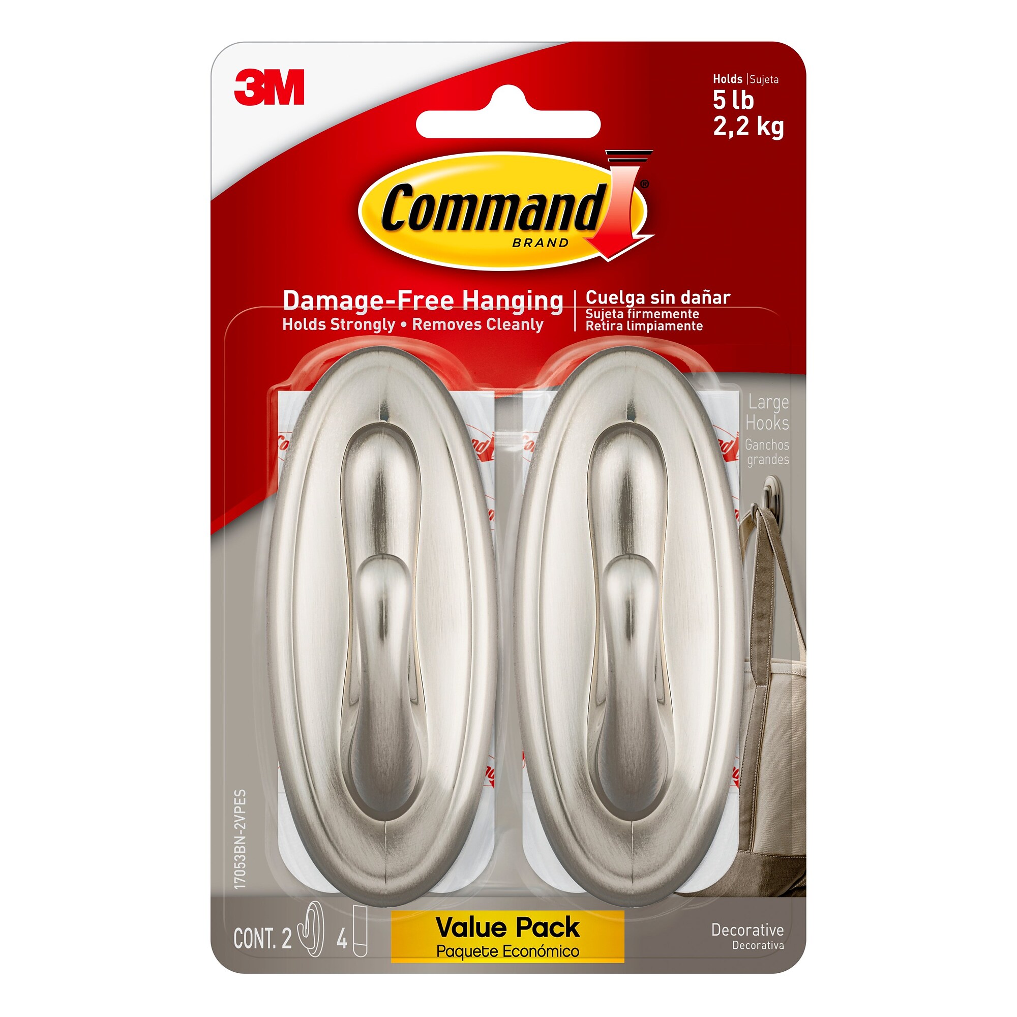 Command Large Decorative Hooks, 5 lb., Brushed Nickel, 2/Pack ...