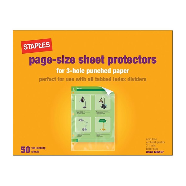 Staples Sheet Protectors for 3-Hole Punched Paper , Clear, 50/Box ...