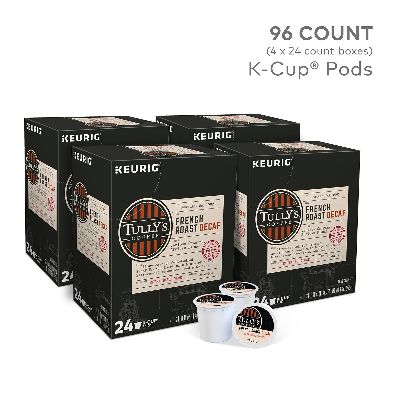 Tully's French Roast Decaf Coffee Keurig® K-Cup® Pods, Dark Roast, 96 ...