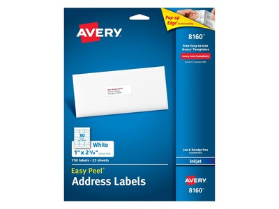 Avery Easy Peel Inkjet Address Labels, 1" x 2 5/8", White, 30/Sheet, 25 ...