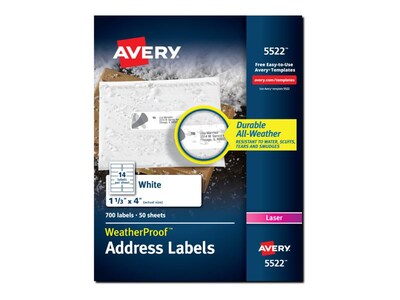 Avery WeatherProof Laser Address Labels, 1 1/3" x 4", White, 14/Sheet ...