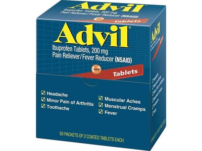 Advil® Ibuprofen Pain Reliever, 200mg, 2/Packet, 50 Packets/Box (15000 ...