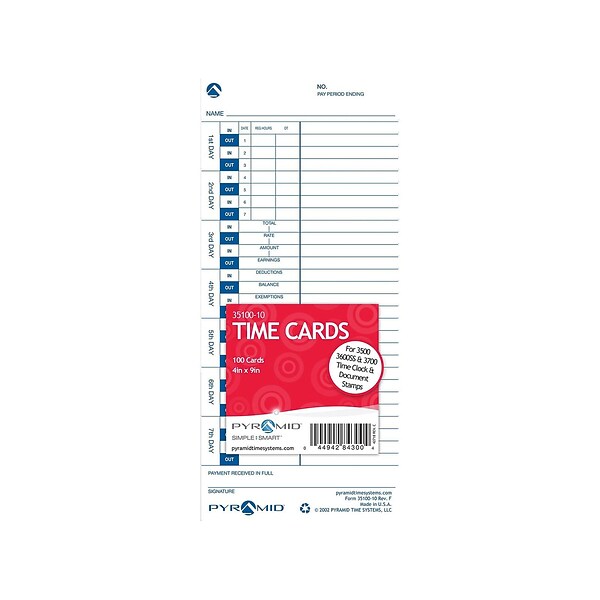 Pyramid Time Cards for 3000HD, 3500, 3500SS, 3550SS, 3600SS, 3700 Time Clocks, 100/Pack (35100 ...
