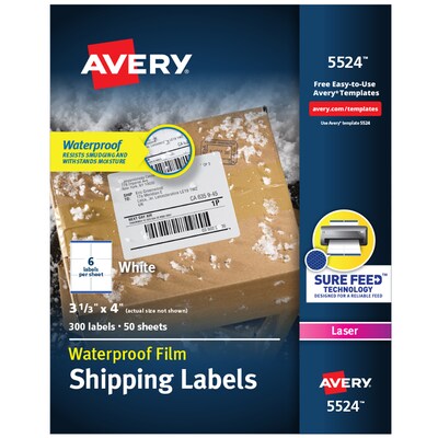 Avery Waterproof Laser Shipping Labels, 3 1/3" x 4", White, 300/Box ...