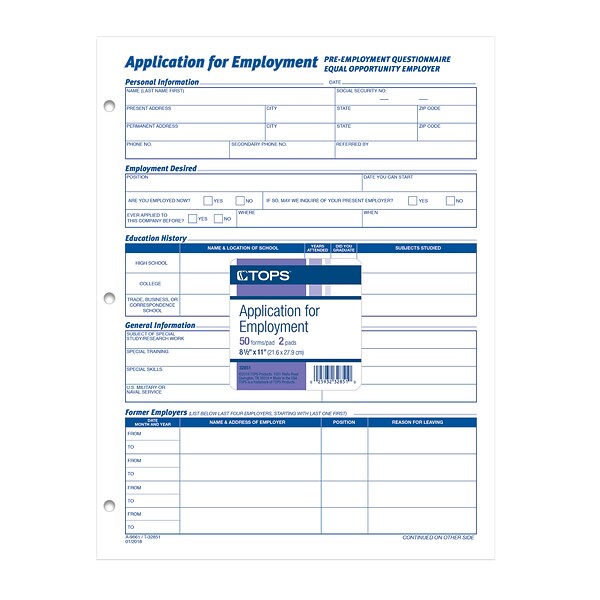 TOPS® Application for Employment, 2-Sided, 8-1/2 x 11", 50 Sheets/Pad ...